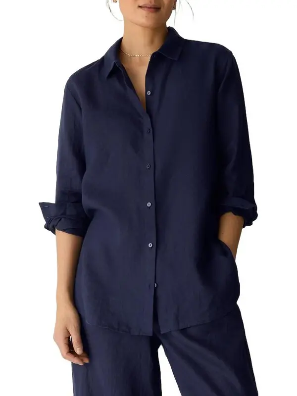 Eileen Fisher Classic Collar Organic Linen Long Shirt - Ink