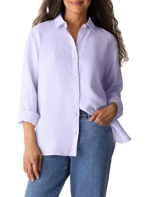 Eileen Fisher Classic Collar Organic Linen Long Shirt - Lilac Frost
