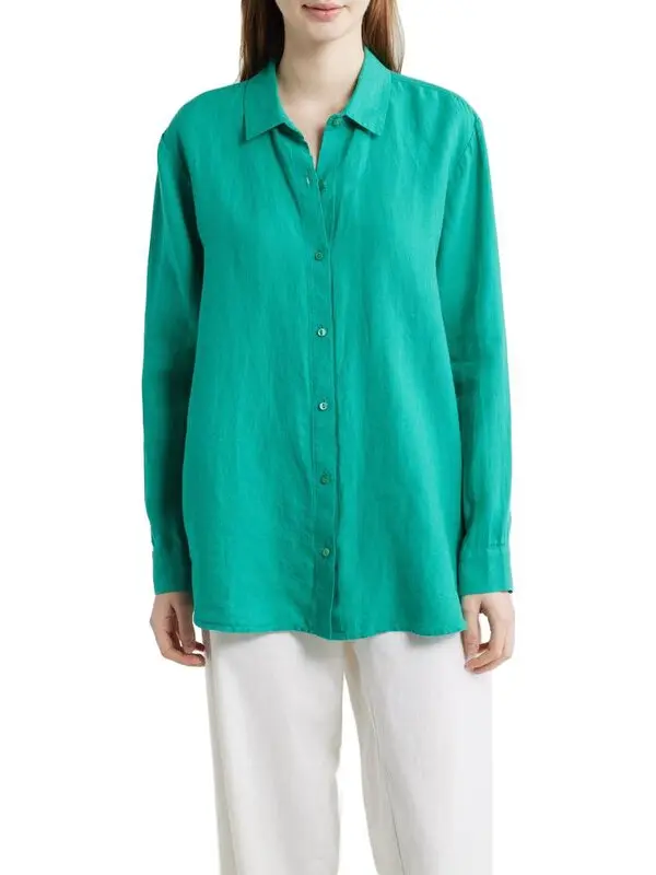Eileen Fisher Classic Collar Organic Linen Long Shirt - Sea Star