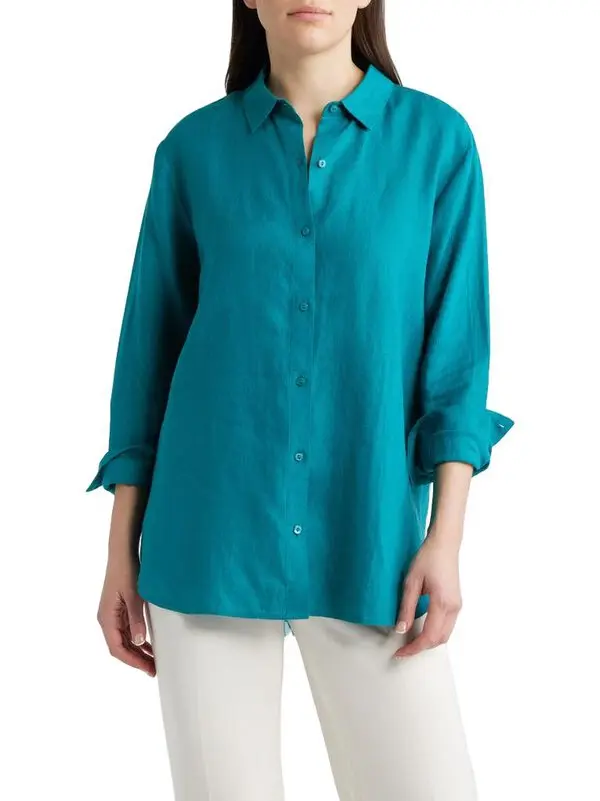 Eileen Fisher Classic Collar Organic Linen Long Shirt - Teal