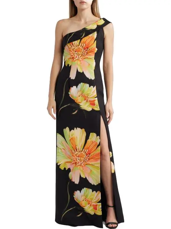 Black Halo Dolan One-shoulder Printed Gown - Bursting Bloom