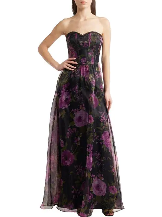 Lulus Hadley Floral Print Gown - Black/ Fuchsia Multi