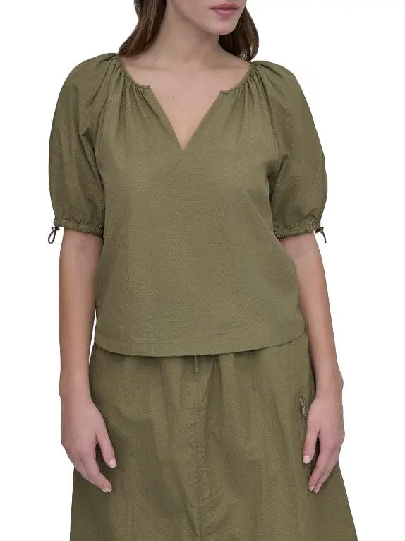 Dkny Perforated Drawcord Puff Sleeve Top - Utility Green