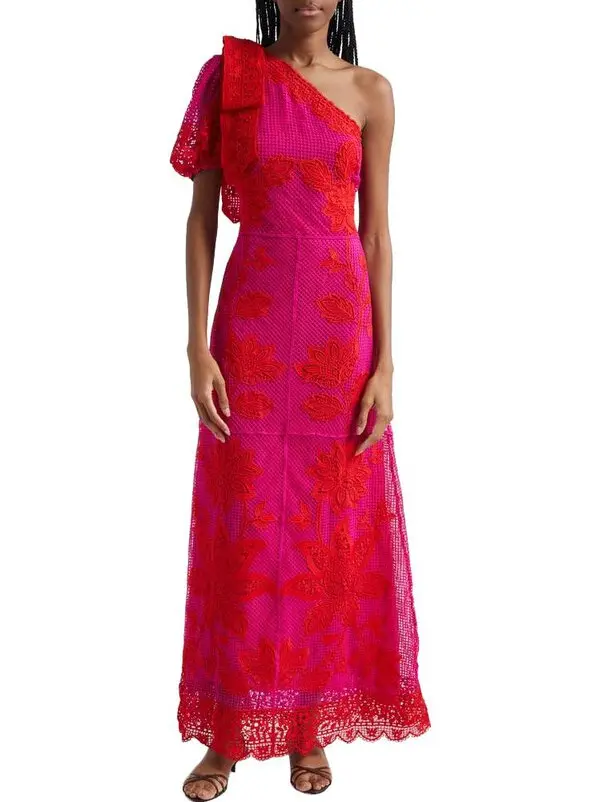 Farm Rio Guipuire Lace One-shoulder Maxi Dress - Red