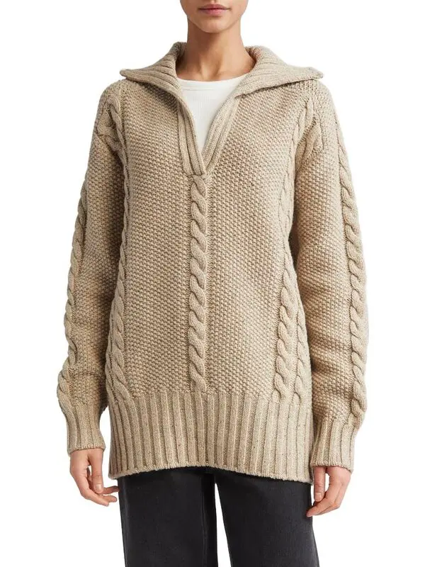 TEURN STUDIOS Cable Knit Merino Wool Sweater - Beige Melange