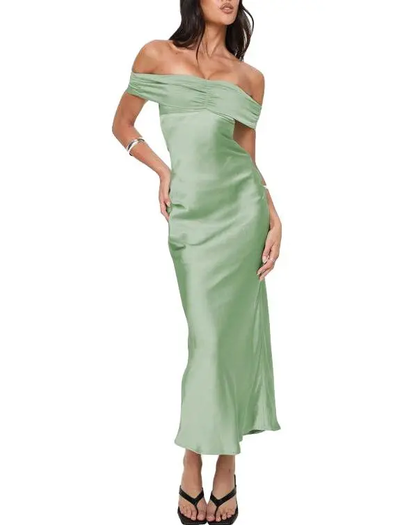 Princess Polly Sadee Off-the-shoulder Satin Dress - Sage