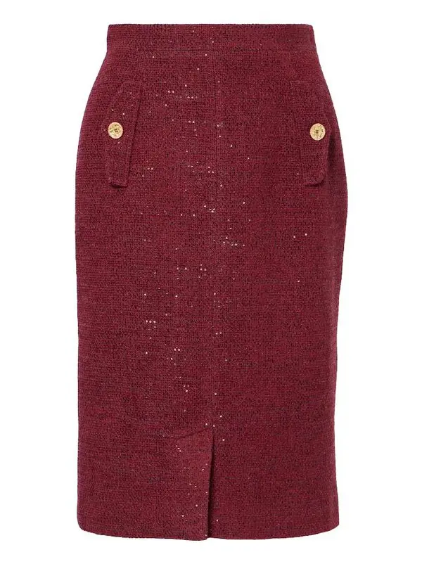Alessandra Rich Sequined Tweed Pencil Skirt - Red