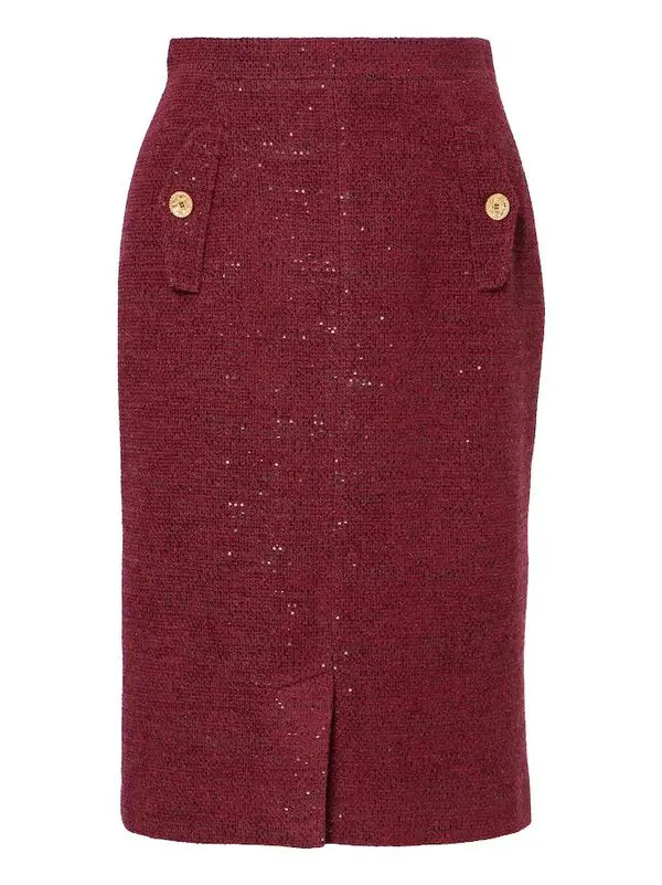 Alessandra Rich Sequined Tweed Pencil Skirt - Red
