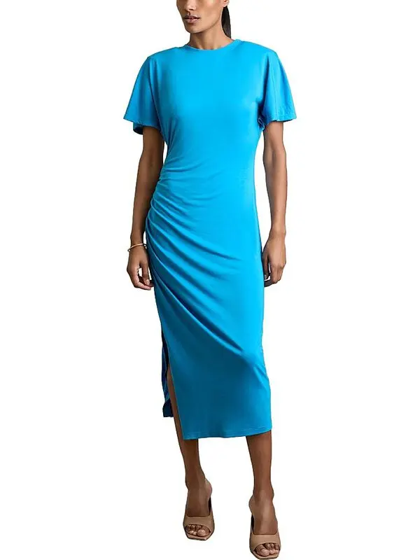 REISS Side Ruched Midi Dress - Bright Blue