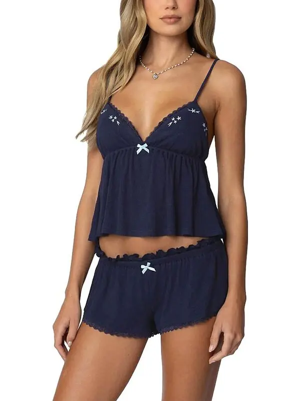 EDIKTED Dream Babydoll Waffle Tank Top - Navy