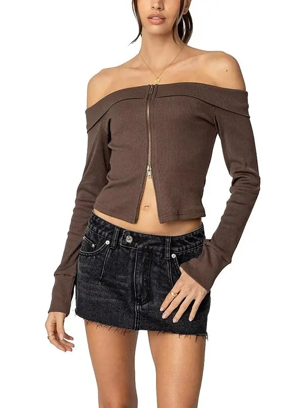 EDIKTED Clarissa Fold Over Ribbed Top - Brown