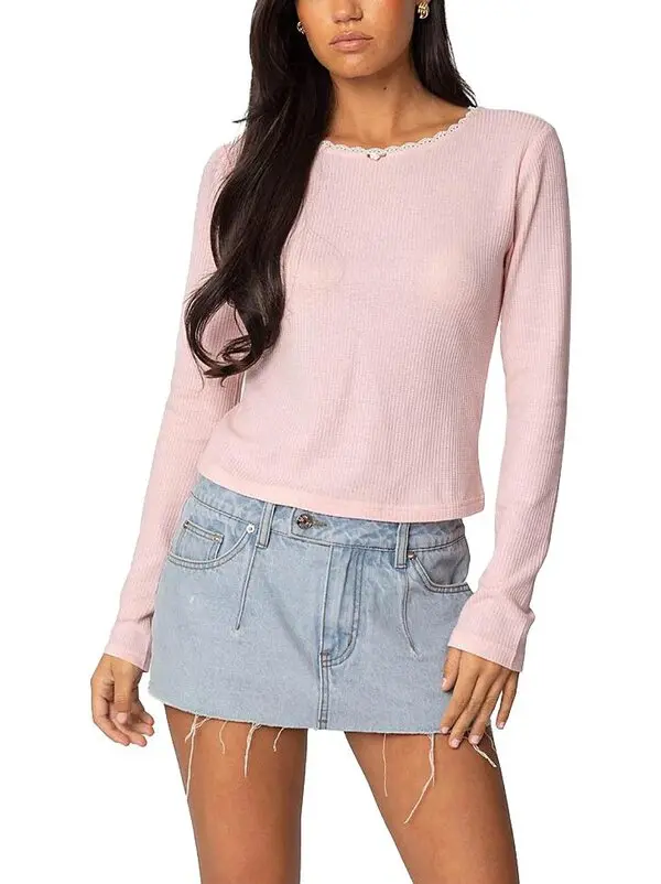 EDIKTED Rosemarie Lacey Waffle Top - Pink