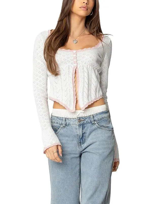 EDIKTED Abbie Split Front Pointelle Top - White