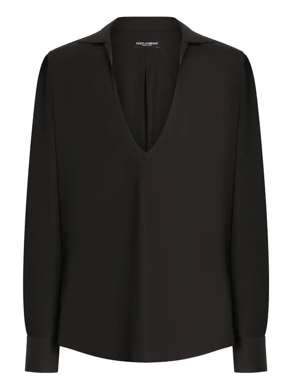 Dolce & Gabbana Long-sleeved V-neck Shirt In Cotton Poplin - Black