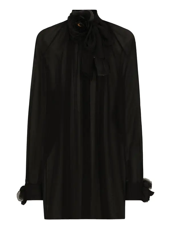 Dolce & Gabbana Silk Chiffon Shirt With Flower Appliqu - Black