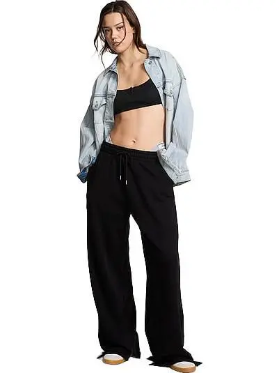 Pink Campus Fleece Wide-leg Split-hem Sweatpants - Black