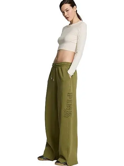 Pink Campus Fleece Wide-leg Split-hem Sweatpants - Green
