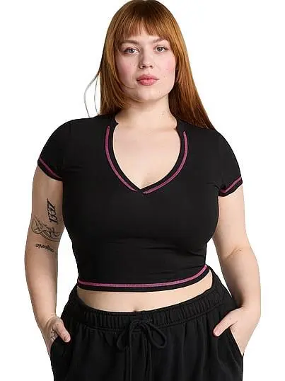 Pink All-day Cotton Plunge Cropped Top - Black