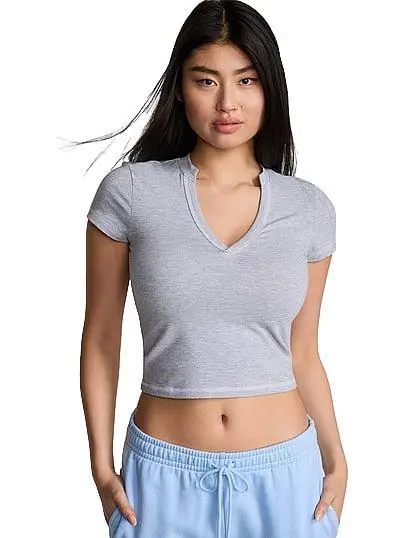 Pink All-day Cotton Plunge Cropped Top - Grey