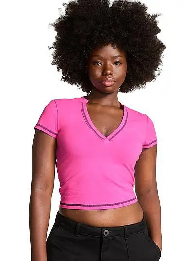 Pink All-day Cotton Plunge Cropped Top - Pink