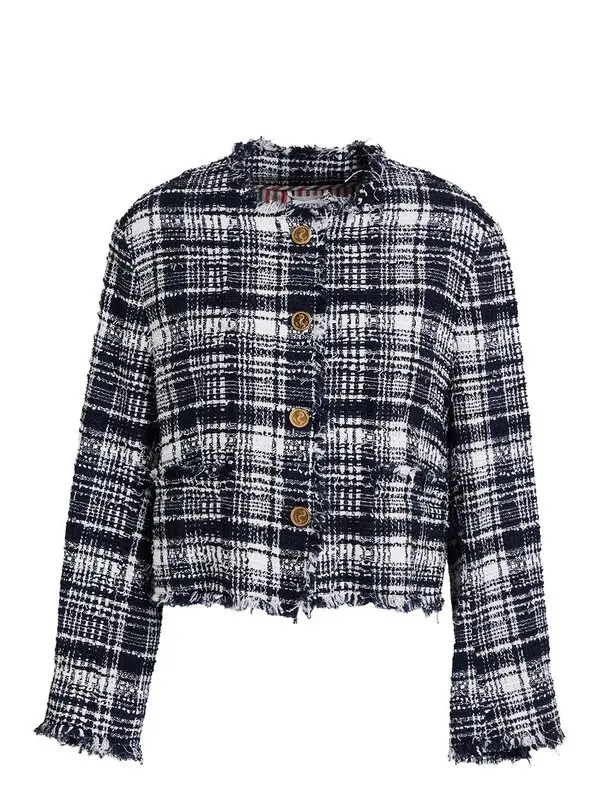 Thom Browne Frayed Checked Tweed Jacket - Navy