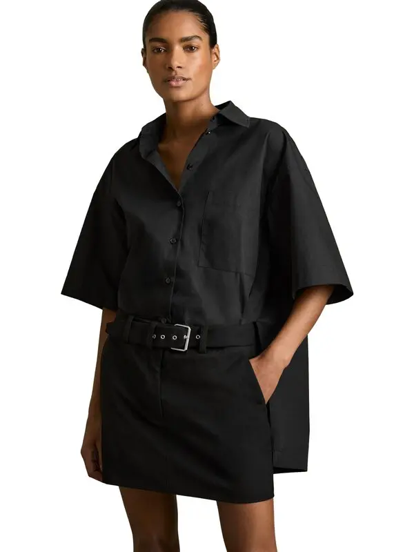 REISS Alice Cotton Woven Belted Shirt Dress - Black