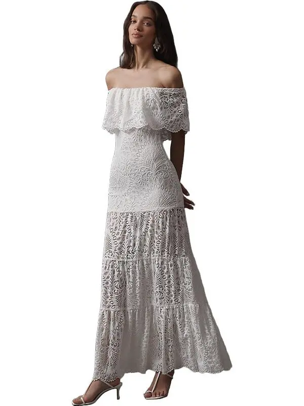 NIGHTCAP Lanai Positano Off-shoulder Tiered Lace Maxi Dress - Ivory
