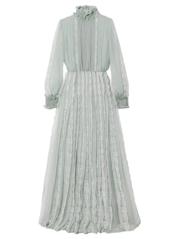 Valentino Garavani Ruffled Lace-trimmed Pleated Silk-chiffon Gown - Blue