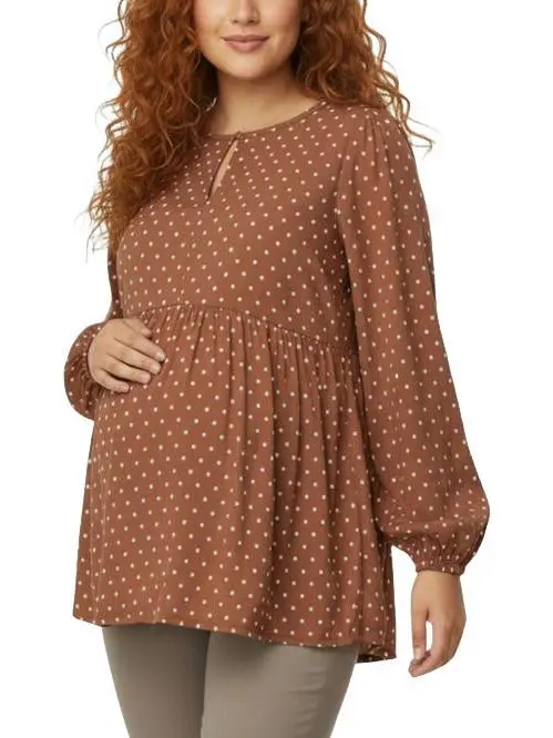 Motherhood Maternity Long Sleeve Empire Waist Woven Blouse - Mocha Mousse & Vanilla Dot
