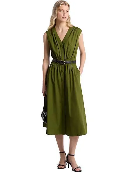 Michael Kors Stretch Cotton Poplin Belted Midi Dress - Green