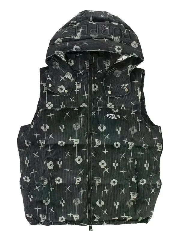 PURPLE BRAND Printed Corduroy Padded Gilet - Black