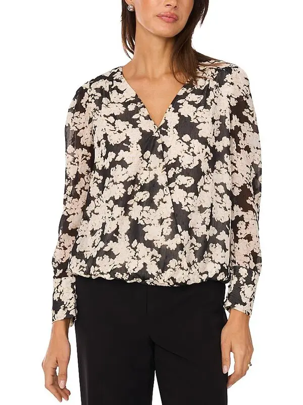 Vince Camuto Printed Faux Wrap Blouse - Rich Black