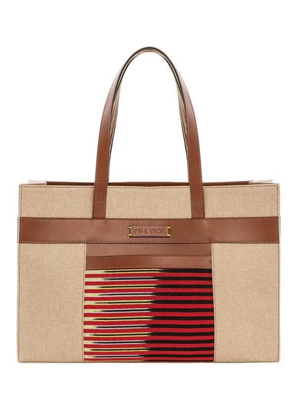 K'AI & VROSI Leather And Canvas Tote Bag With Pockets - Brown