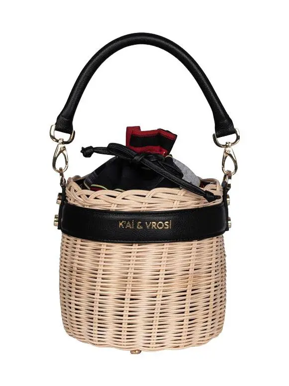 K'AI & VROSI Leather And Straw Bucket Bag With Drawstring - Black