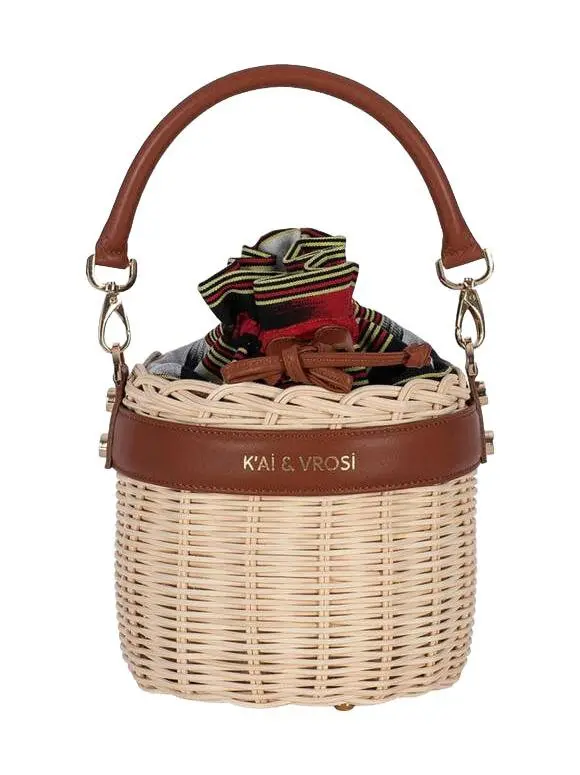 K'AI & VROSI Leather And Straw Bucket Bag With Drawstring - Brown