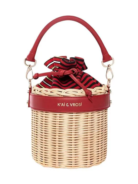 K'AI & VROSI Leather And Straw Bucket Bag With Drawstring - Red