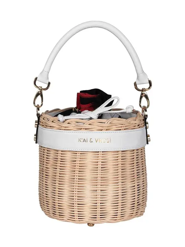 K'AI & VROSI Leather And Straw Bucket Bag With Drawstring - White