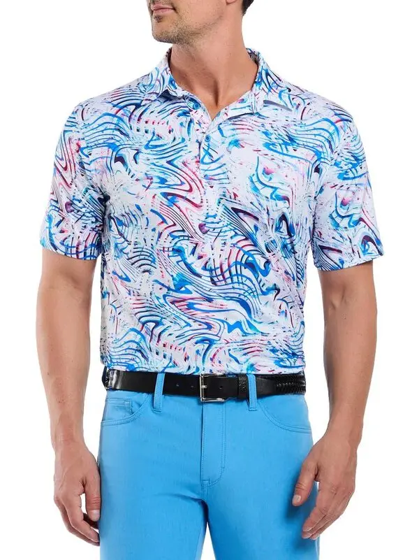 Robert Graham Wavelength Abstract Print Cotton Blend Performance Golf Polo - Blue