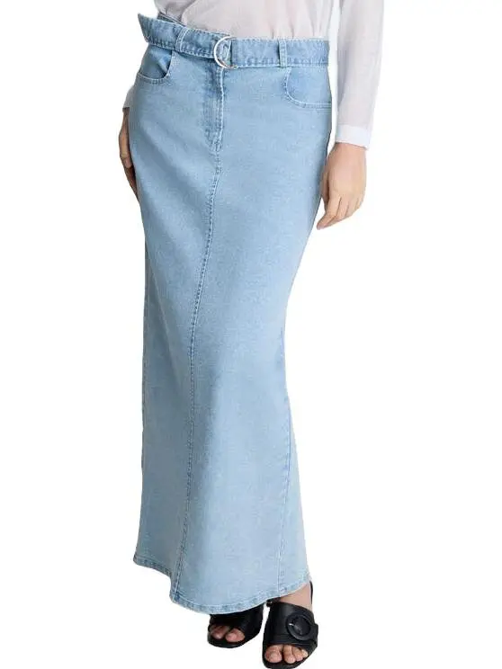 KENNETH COLE Belted Denim Maxi Skirt - Nu Wash