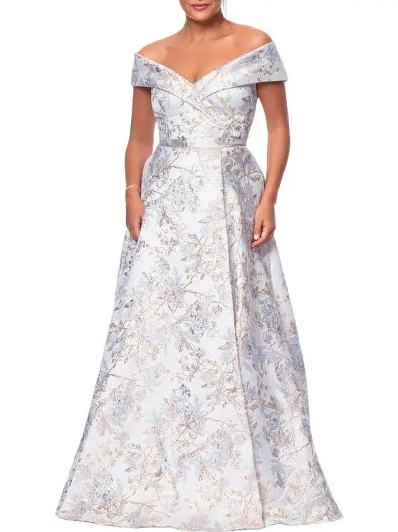 XSCAPE EVENINGS Metallic Floral Brocade Off The Shoulder Ball Gown - Blue/ Gold