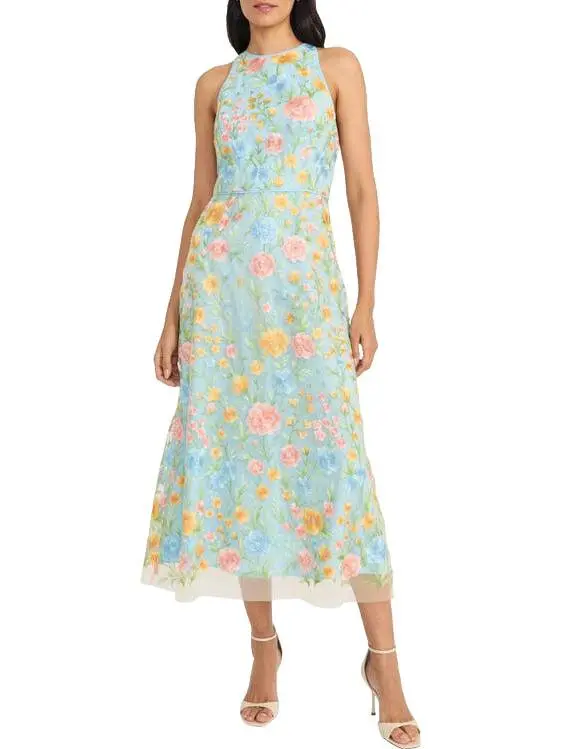 Maggy London Floral Embroidered Midi Dress - Yellow/ Pink/ Blue