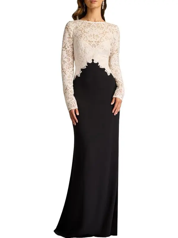 Tadashi Shoji Mixed Media Sequin Lace Bodice Gown - Ivory/ Black