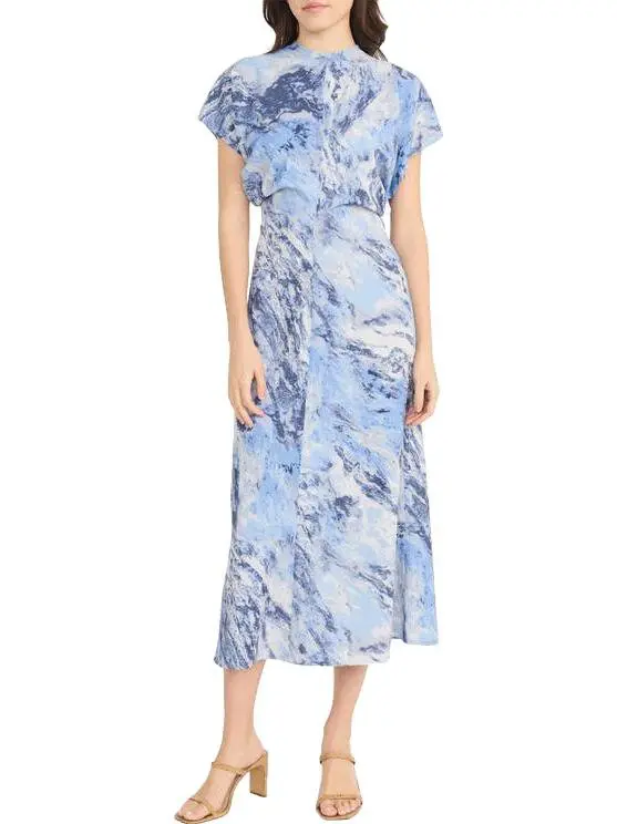 LUXELY Print Drape Midi Dress - Lt Opal Grey/ Bel Air Blue