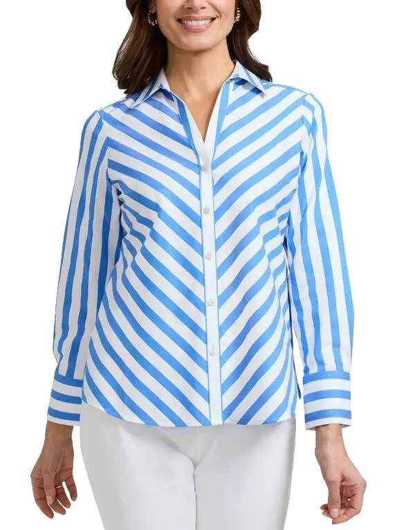 Foxcroft Mary Stripe Cotton Sateen Shirt - Cobalt Blue/ White