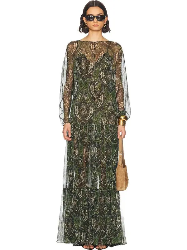 Saint Laurent Long Sleeve Maxi Dress - Vert Multico