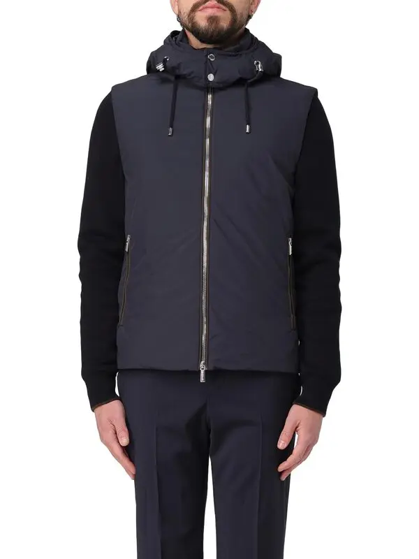 MOORER Hooded Zip-up Vest With Contrasting Sleeves - Blue
