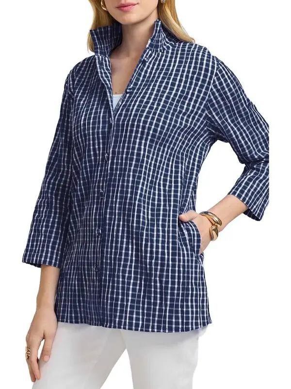 Foxcroft Carolina Crinkled Gingham Shirt Jacket - Navy/ White