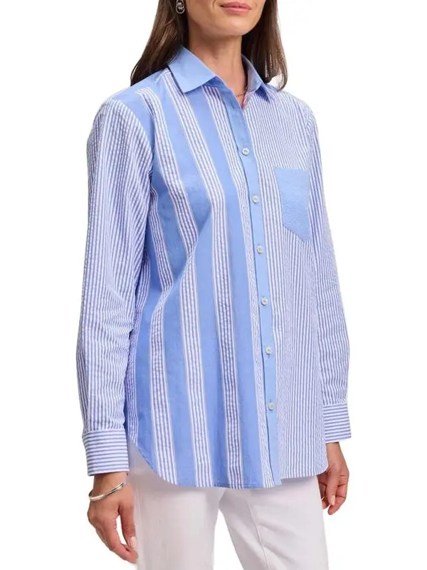 Foxcroft Mixed Stripe Boyfriend Shirt - Blue Multi