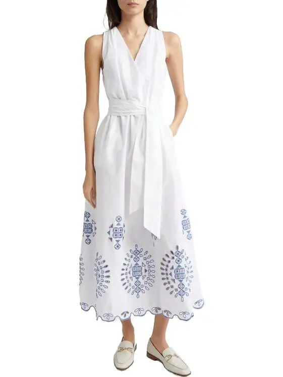 Eleventy Embroidered Faux Wrap Dress - White And Dust