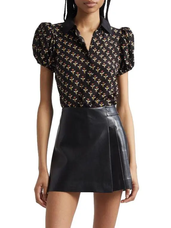 Alice + Olivia Willa Puff Sleeve Silk Shirt - Queen Bee